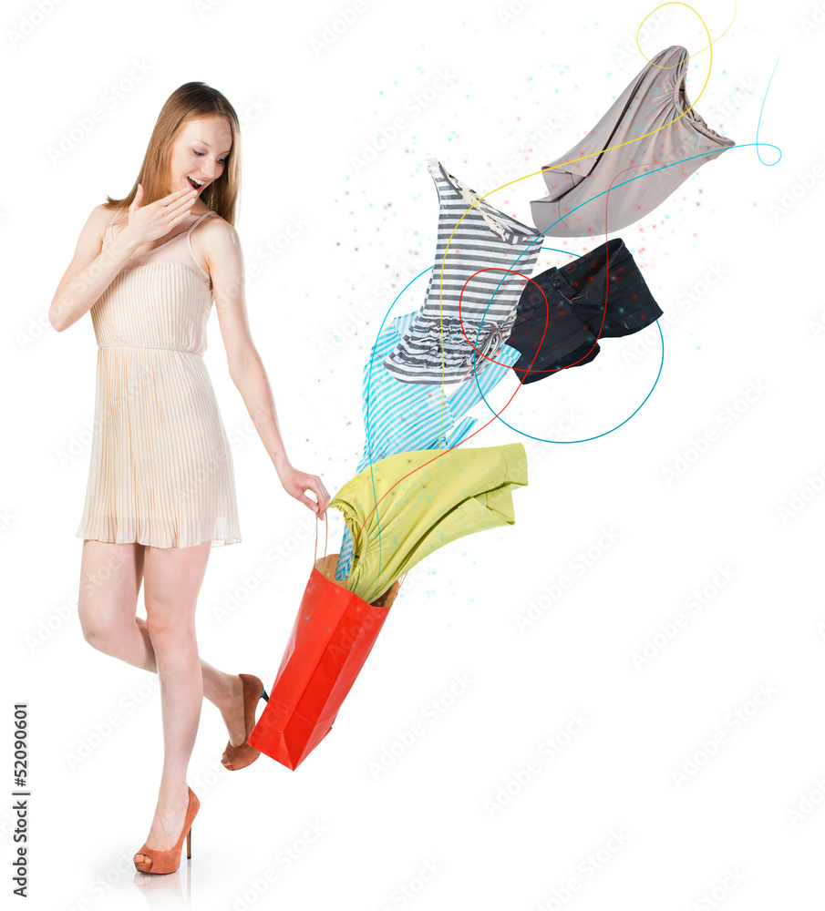 Woman with clothes flying into the bag Stock Photo | Adobe Stock