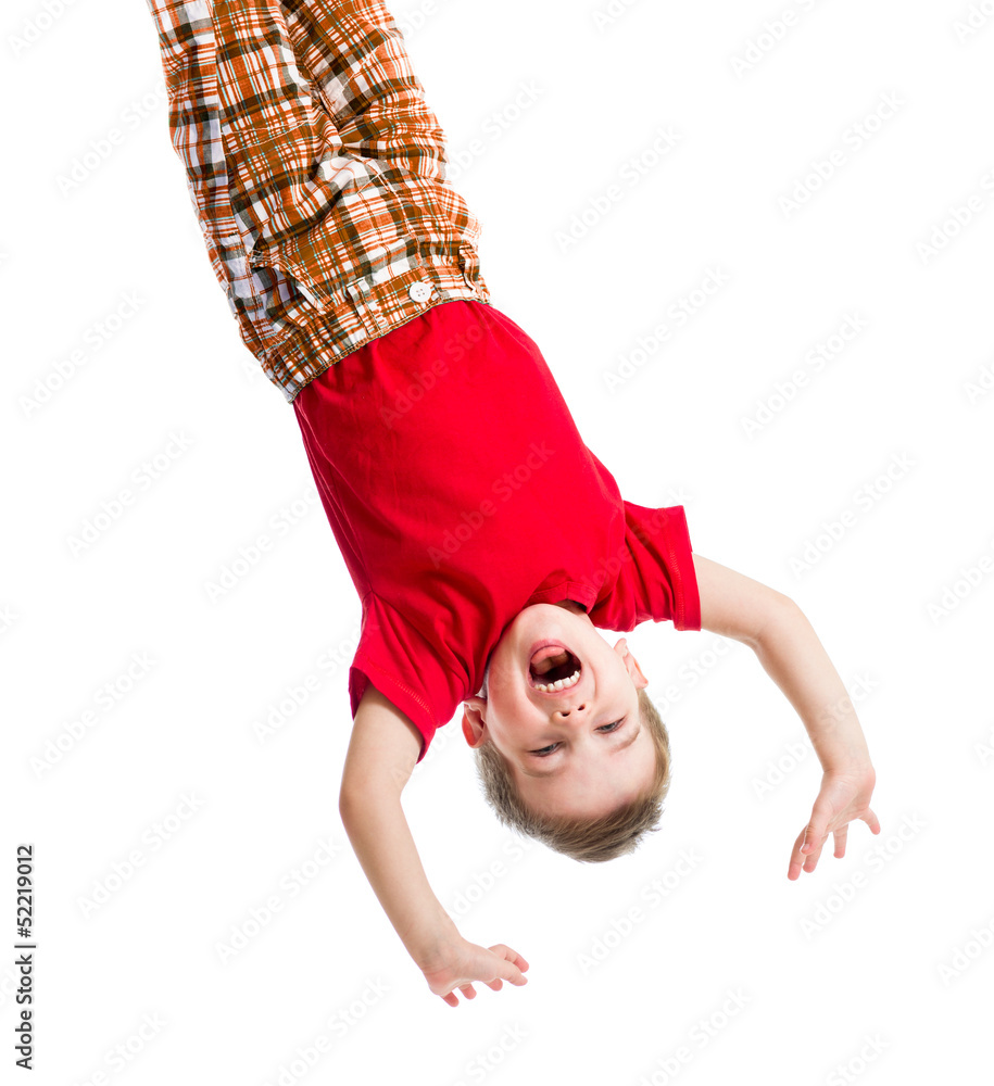 kid boy upside down isolated on white Stock Photo | Adobe Stock