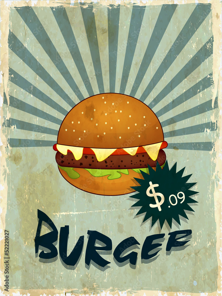 Vintage menu card design with burger and price tag on rays backg Stock ...