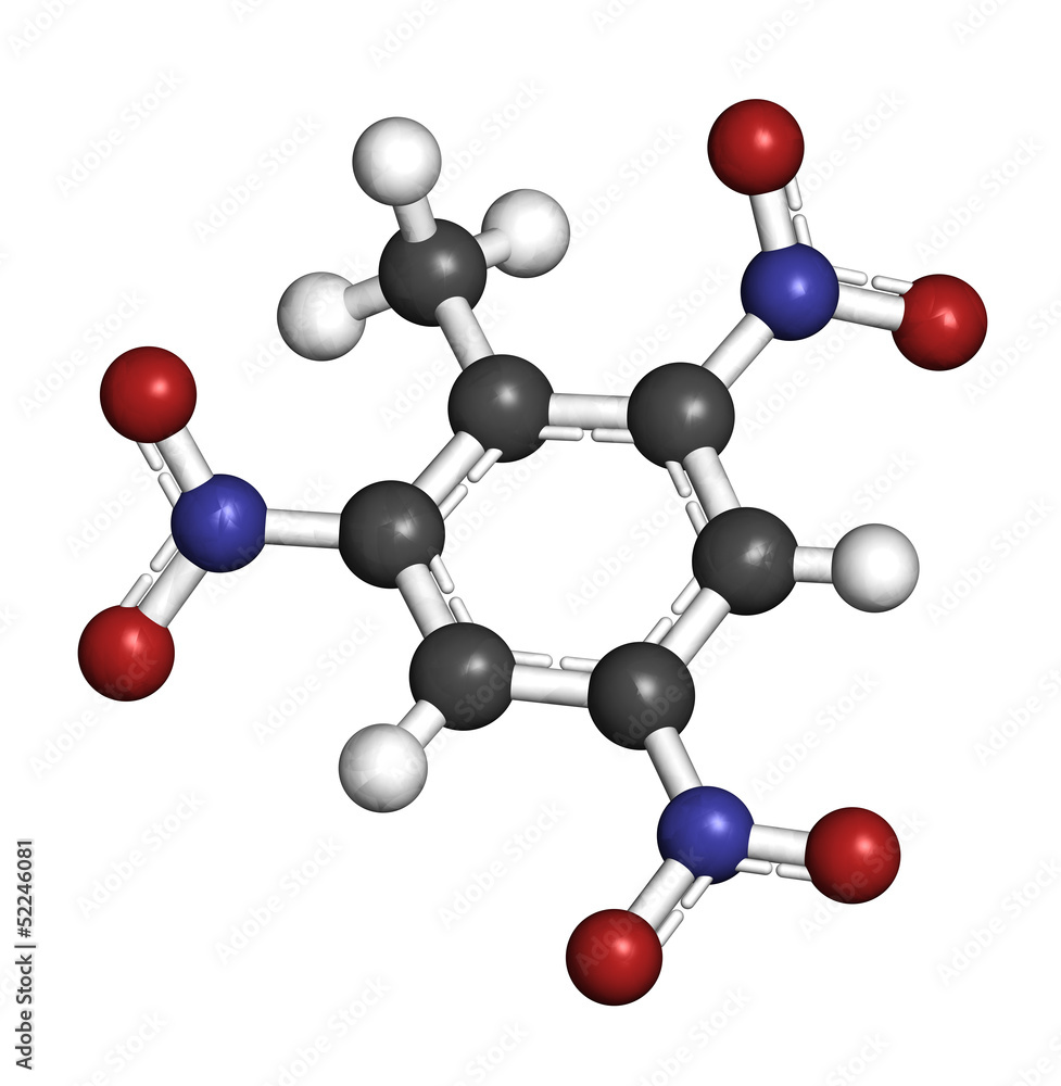 Trinitrotoluene (TNT) explosive molecule, chemical structure Stock ...