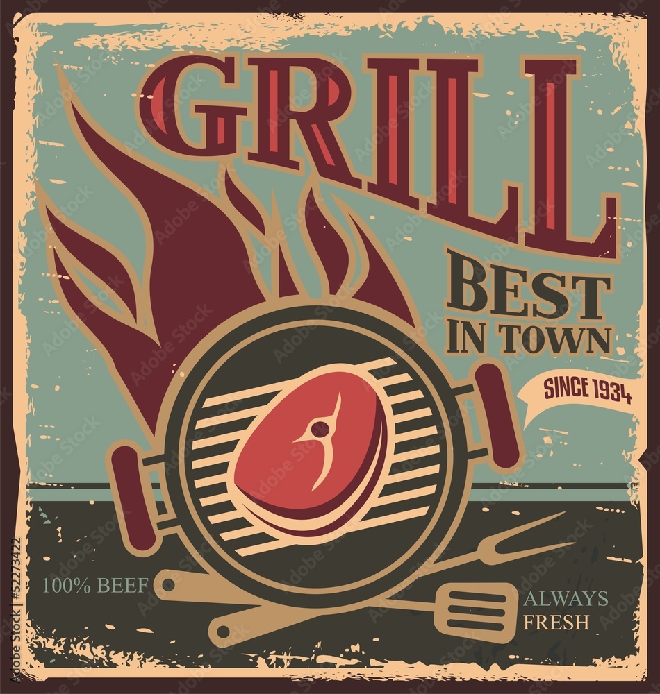 Retro BBQ poster template with fresh beef steak Stock Vector | Adobe Stock