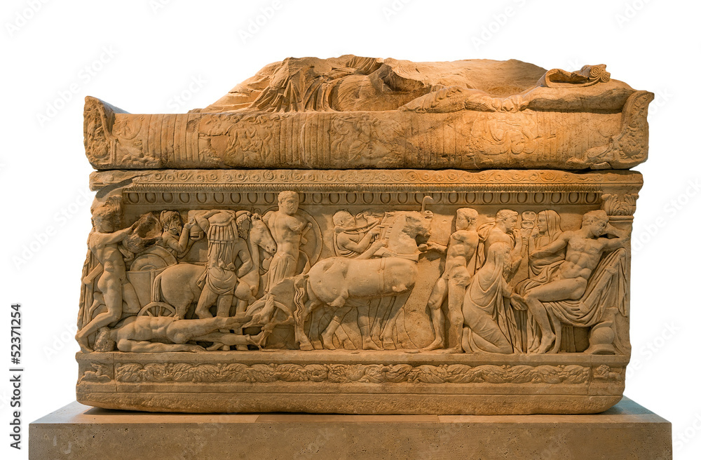 Photo Ancient Greek sarcophagus decorated with scenes from Iliad ...