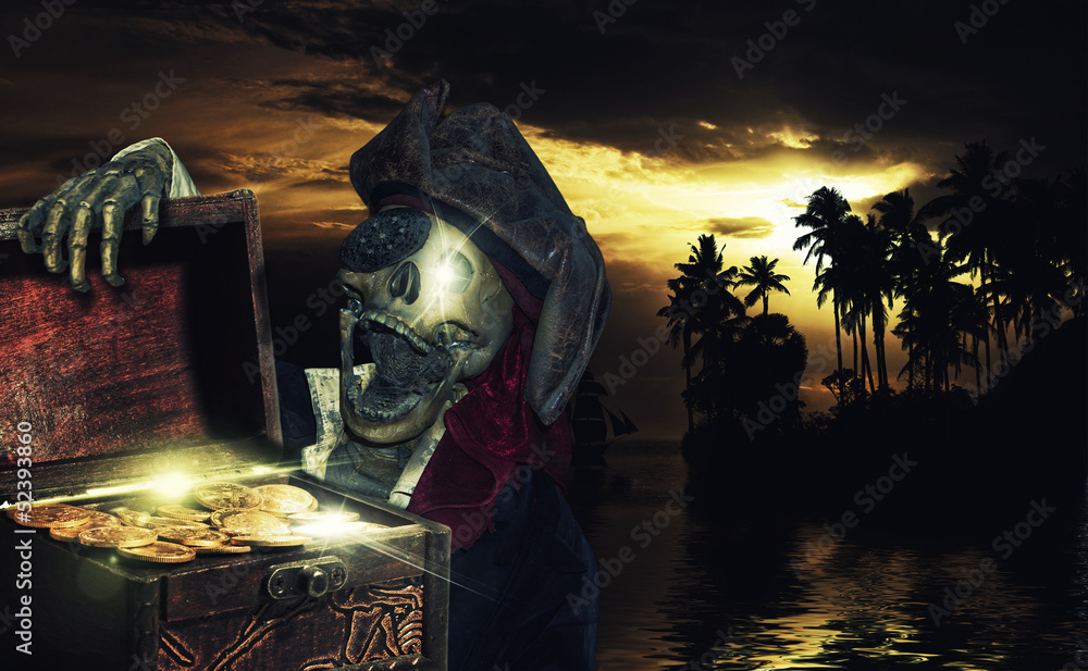 Pirate opening a chest full of gold coins Stock Photo | Adobe Stock