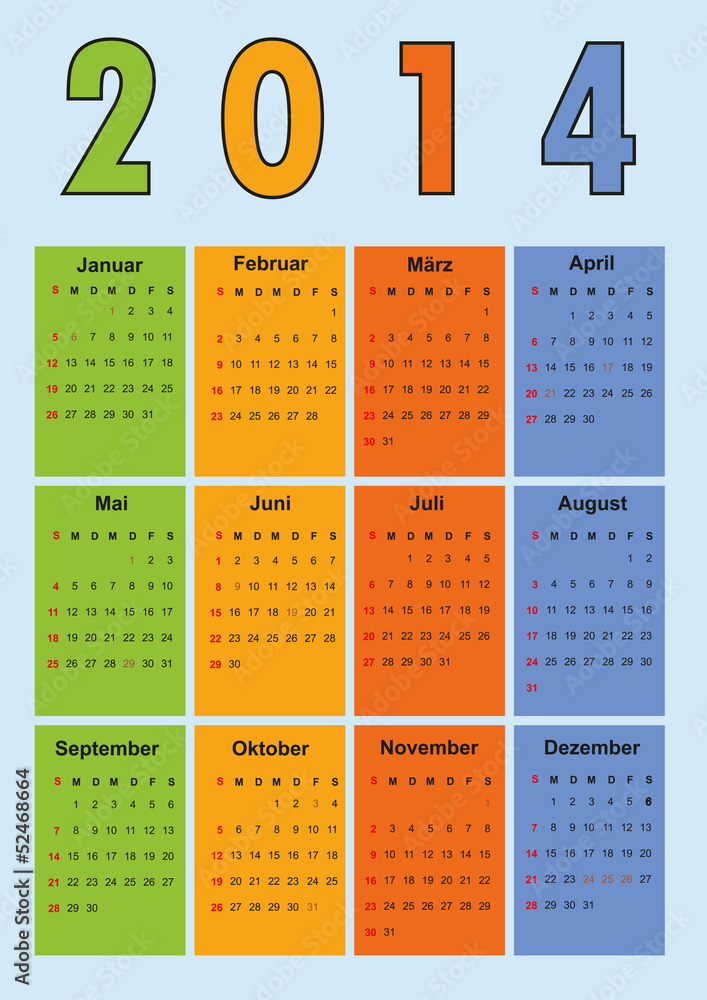 Kalender 2014 - 4-farbig Stock-Vektorgrafik | Adobe Stock