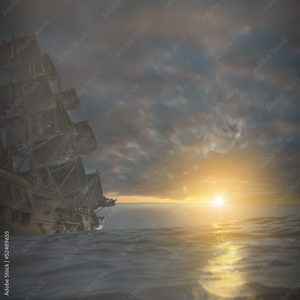 Piratenschiff auf See 3D Stock-Illustration | Adobe Stock