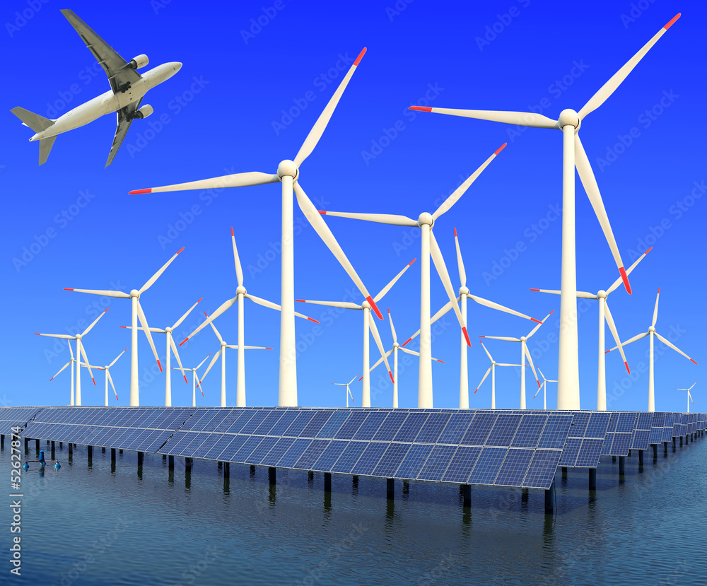 Aircraft is flying in eco power of wind turbines and solar panel Stock ...