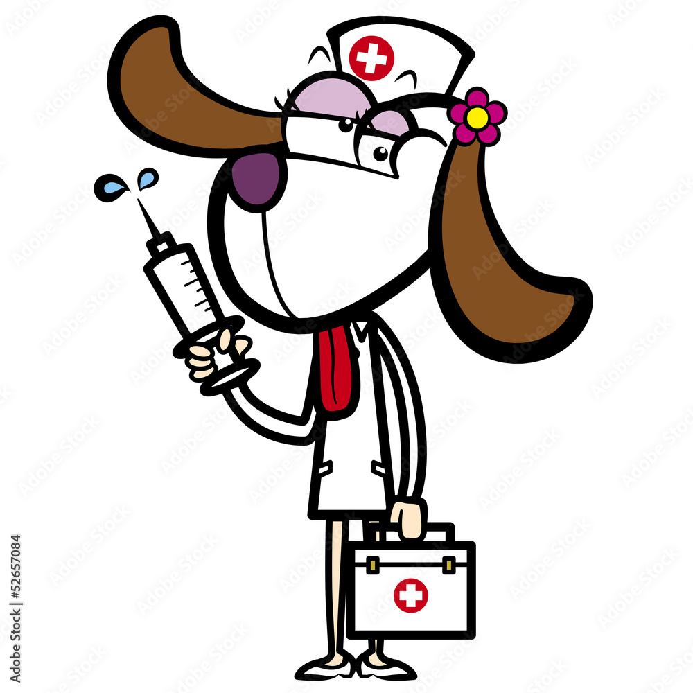 cartoon dog nurse with first aid kit and syringe Stock Vector | Adobe Stock