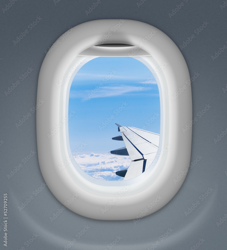 airplane window with wing and cloudy sky behind Stock Illustration ...