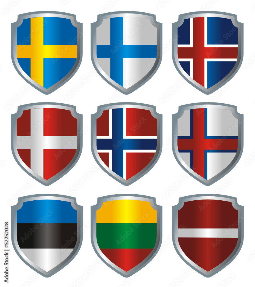 Shield Flags metallic Scandinavia Baltic Stock-Vektorgrafik | Adobe Stock