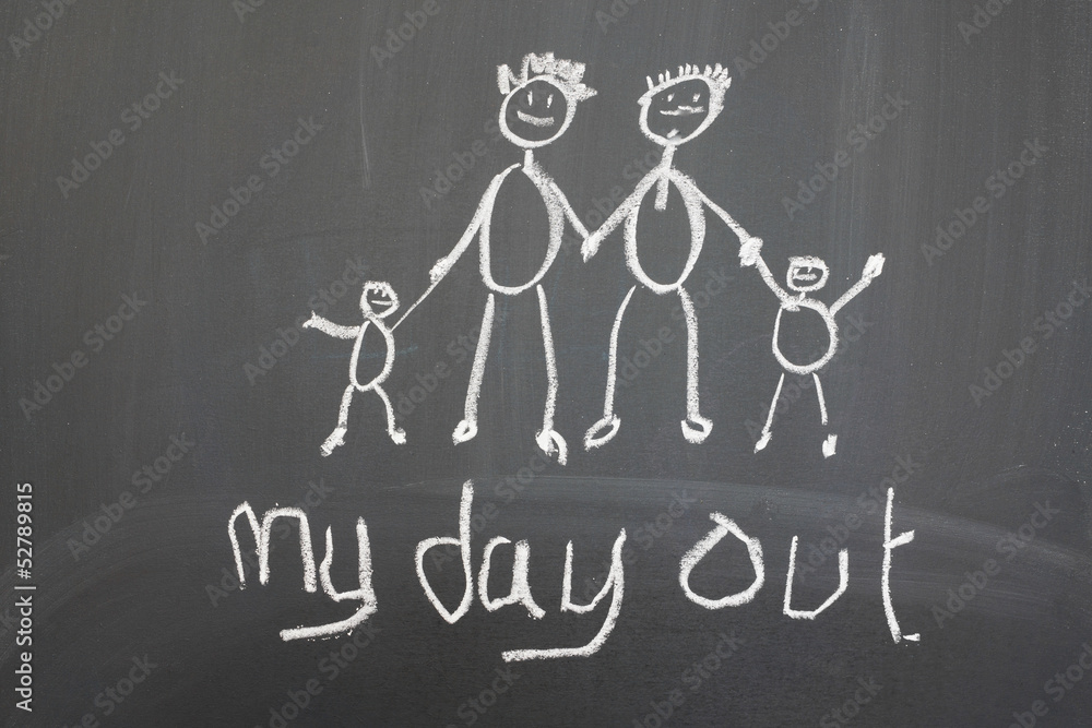 Blackboard with a child's drawing of a happy family day out. Stock ...