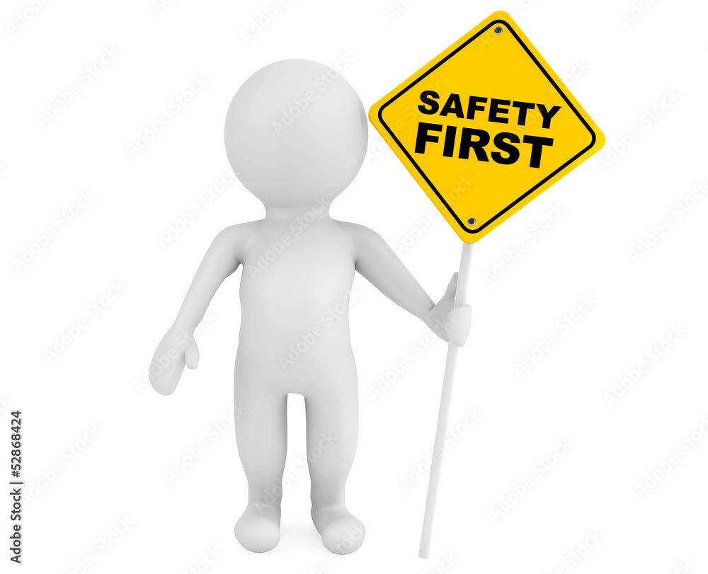 3d person with Safety First traffic sign Stock Illustration | Adobe Stock