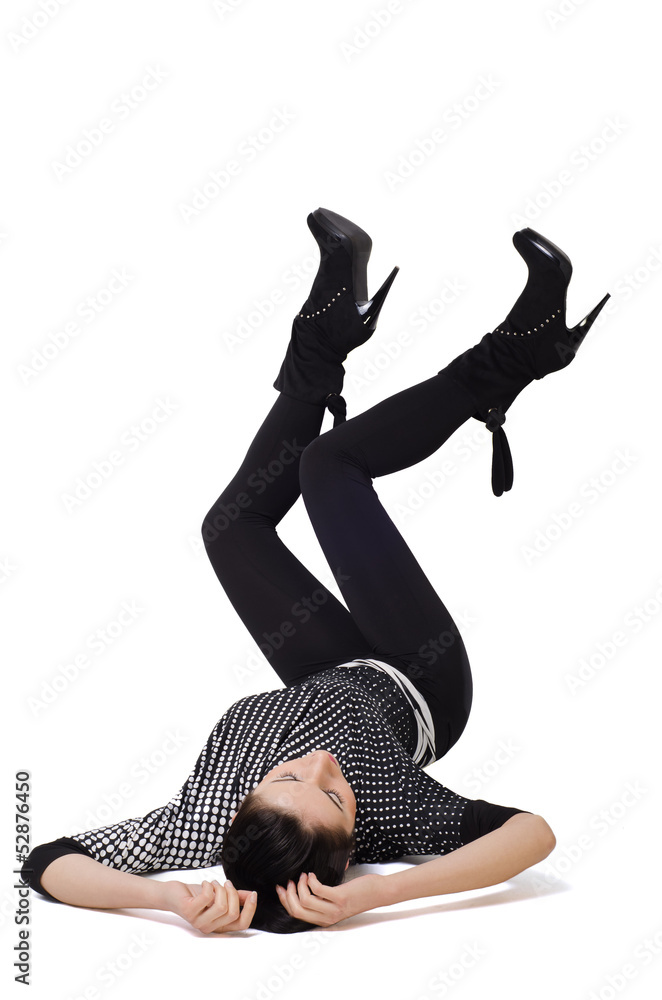 Beautiful young woman lying on her back with legs up Stock Photo ...