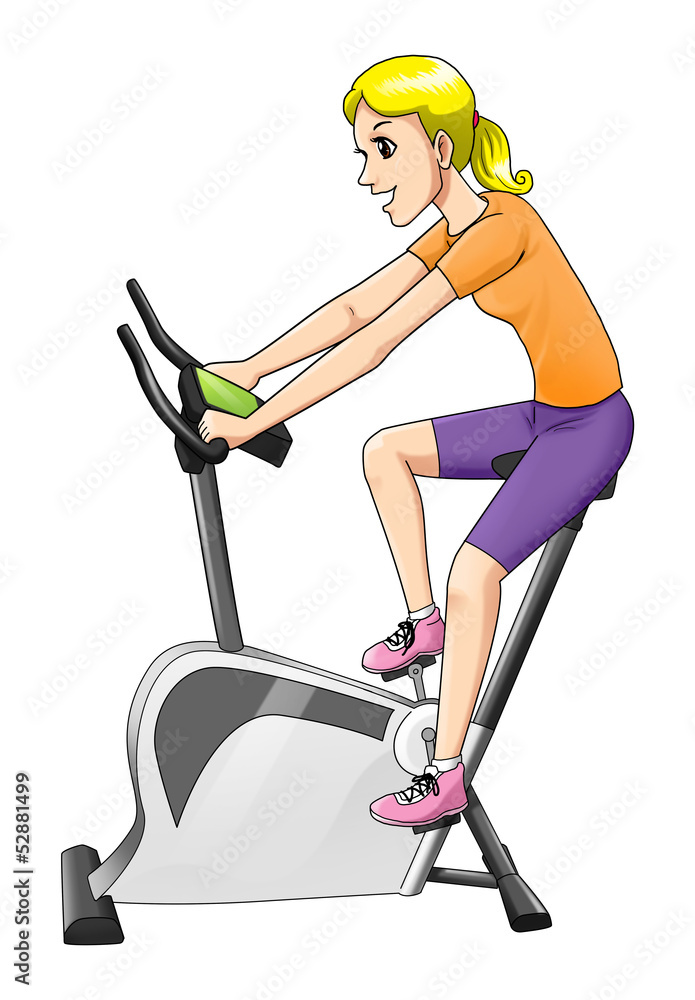Cartoon illustration of a woman riding fitness bike Stock Illustration ...