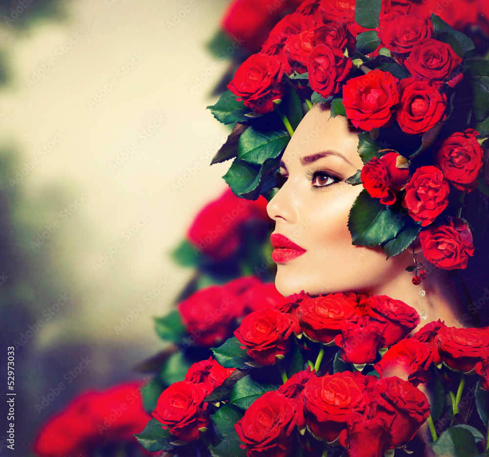 Beauty Fashion Model Girl Portrait with Red Roses Hairstyle Stock Photo ...