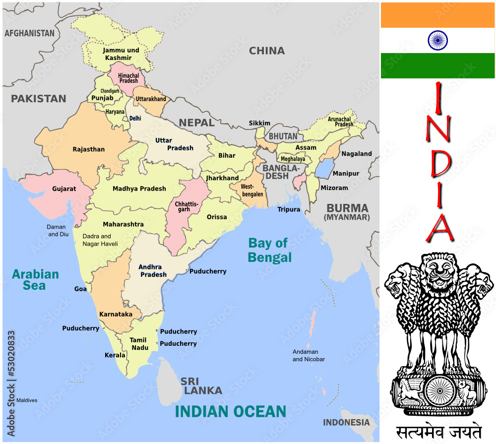 India Asia emblem map symbol administrative divisions Stock Vector ...