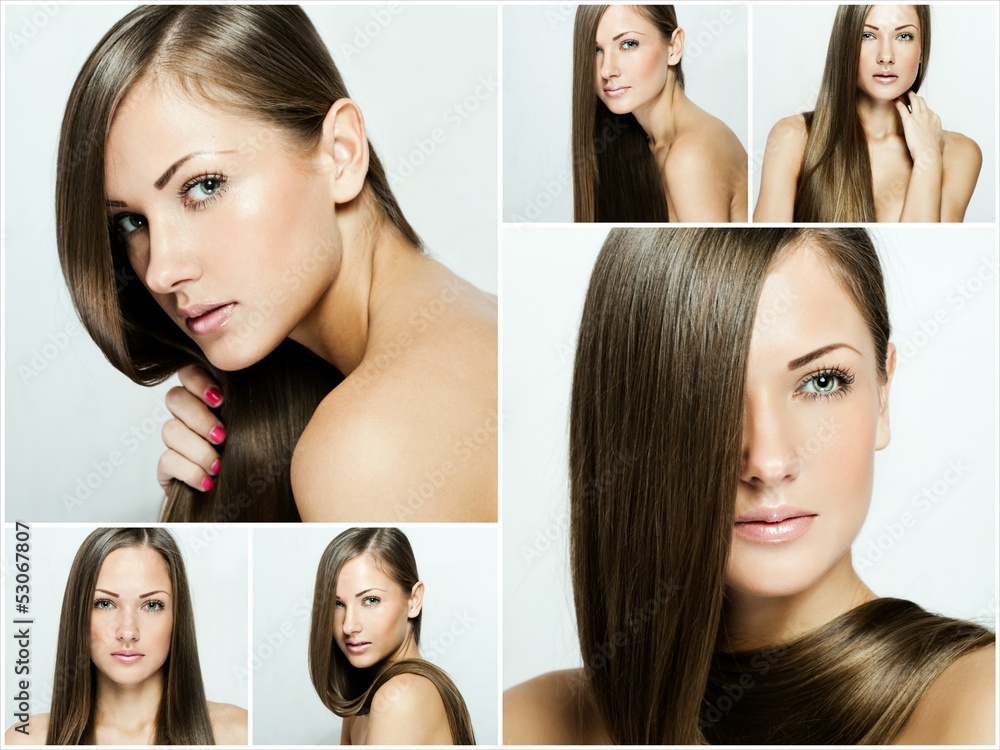fashion hairstyle collage , natural long shiny healthy hair Stock Photo ...