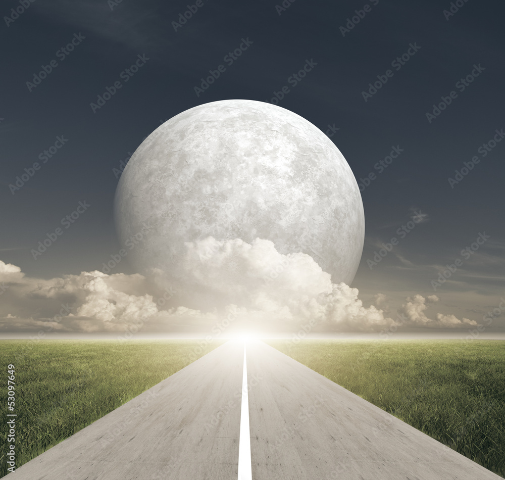 Road between meadow fields and Giant Moon with clouds at horizon Stock ...