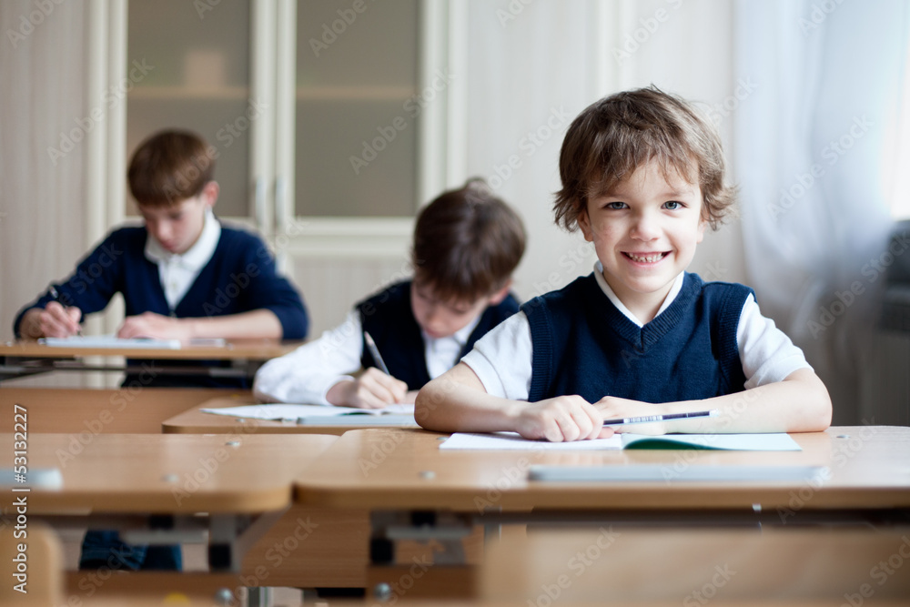 Diligent student sitting at desk, classroom Stock Photo | Adobe Stock