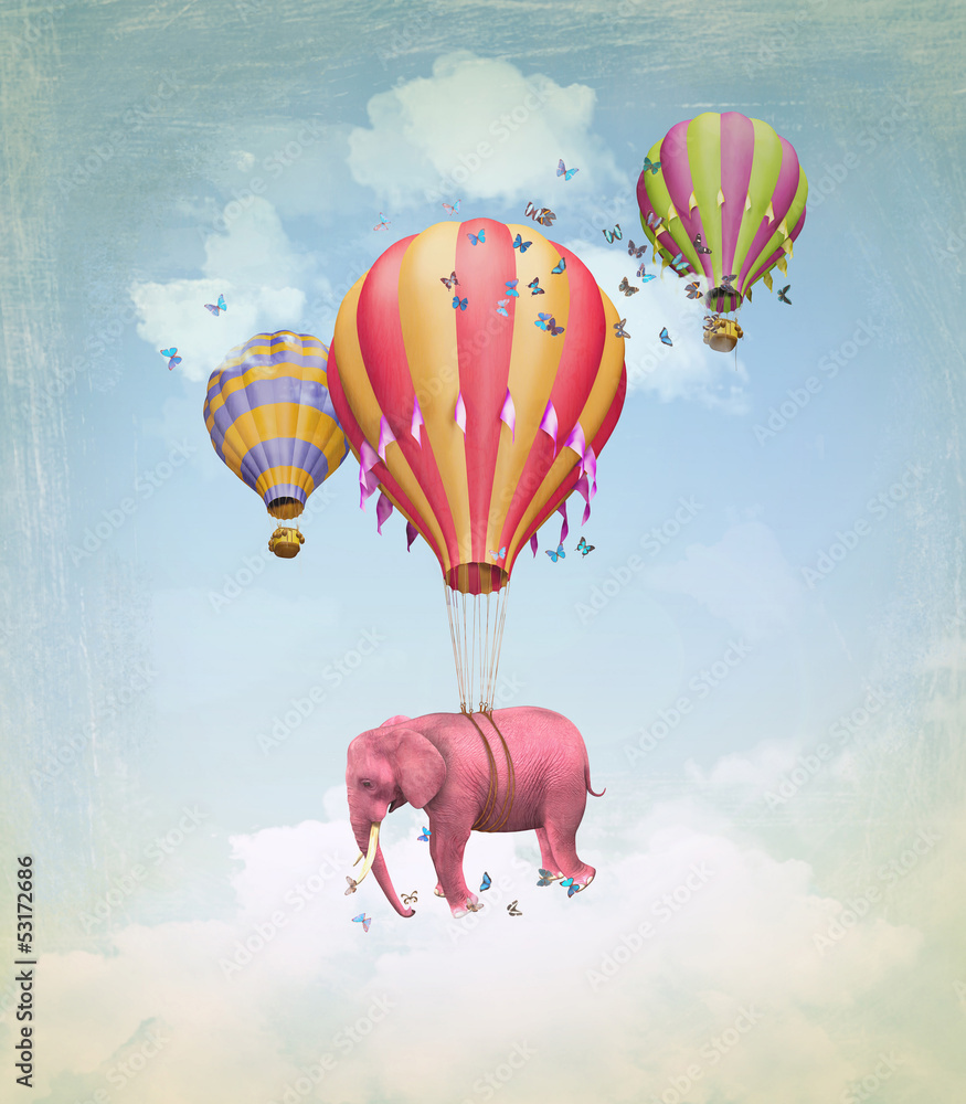 Pink elephant in the sky with balloons. Illustration Stock Illustration ...