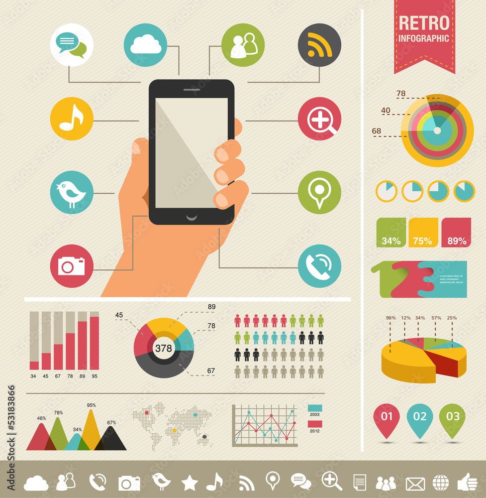 mobile phone with icons - infographic and website background Stock ...