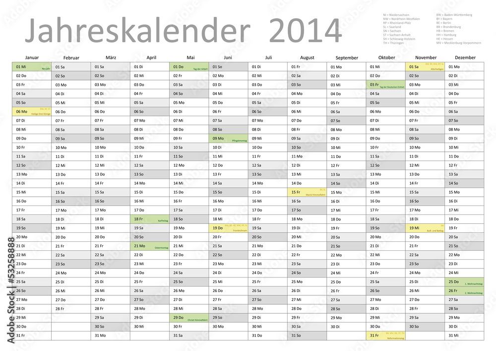 Kalender 2014 Jahresplaner Jahreskalender alle Feiertage Stock ...