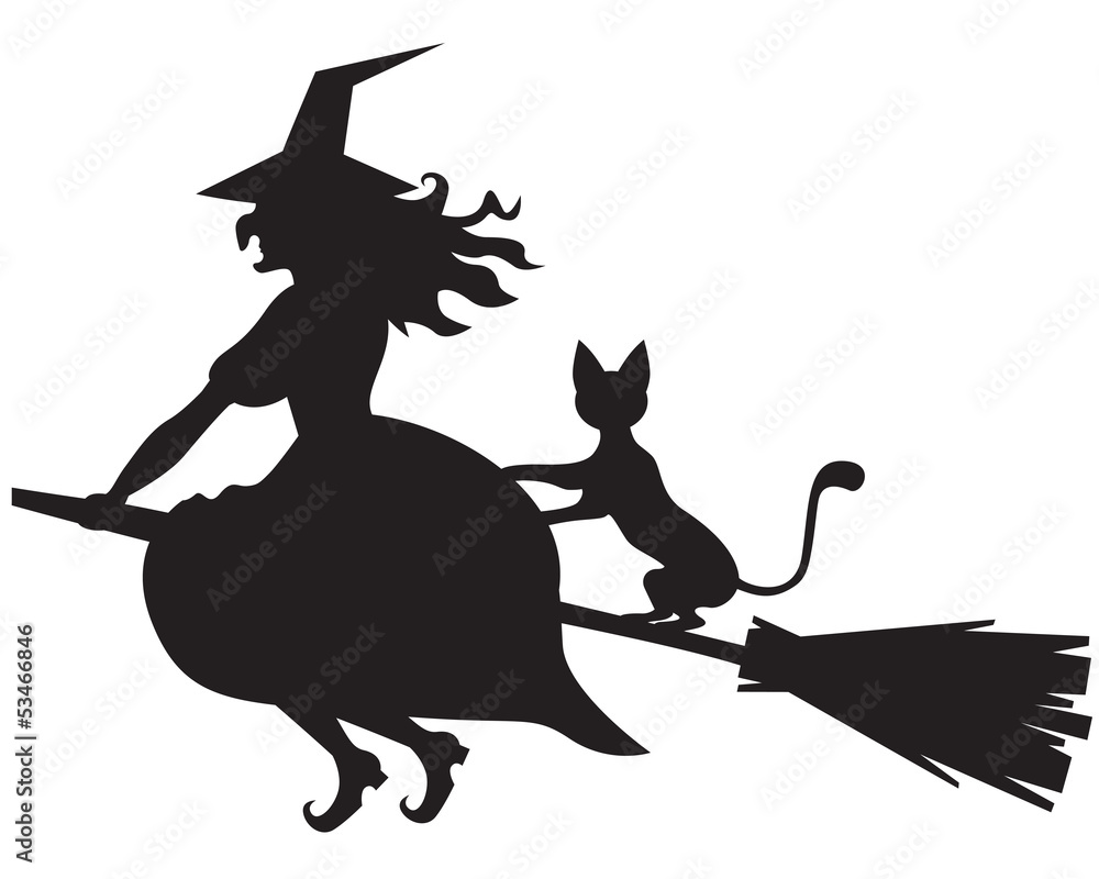 Witch on a broom and cat Stock Vector | Adobe Stock