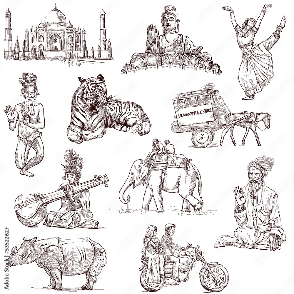 Indian collection - full sized hand drawings on white Stock ...