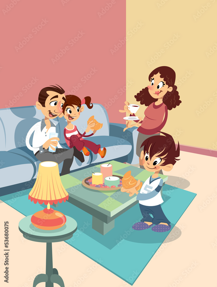 Cartoon family at the living-room Stock Illustration | Adobe Stock