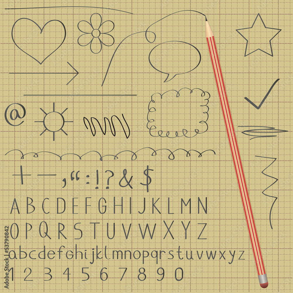 Alphabet and various symbols with graphite pencil on graph paper Stock ...