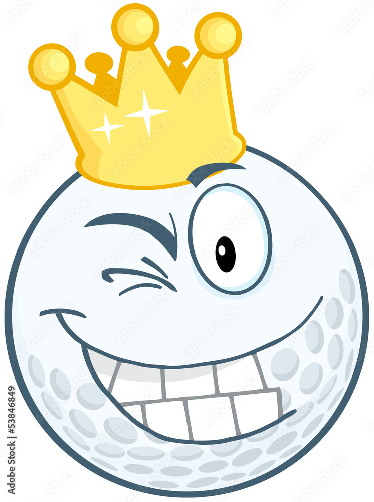 Smiling Golf Ball Cartoon Character With Gold Crown Winking Stock ...