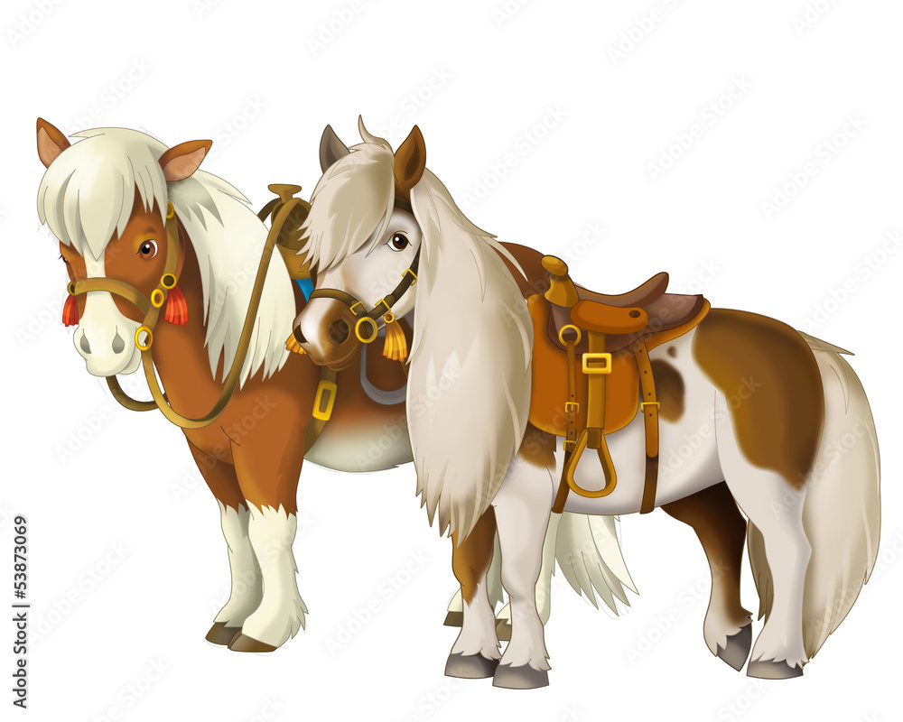 cartoon smiling pair of horses on white background- wild west style ...