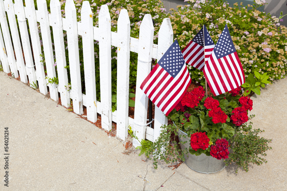 Photo & Art Print House Garden With American Flags, maksymowicz