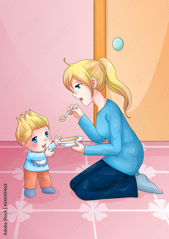 Cartoon illustration of a mother feeding her baby Stock Illustration ...