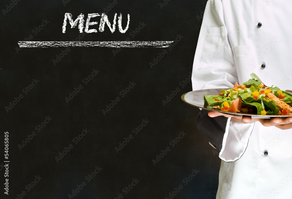 Chef with healthy salad food on chalk blackboard menu background Stock ...