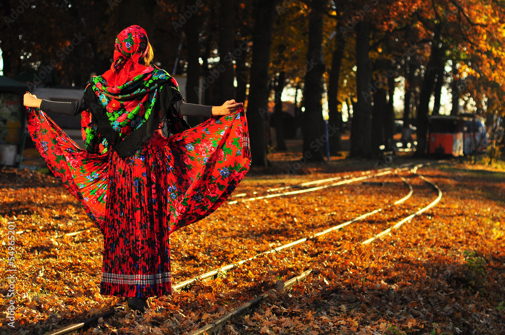 Romantic young gypsy woman pulls up dress and walks on the railr Stock ...