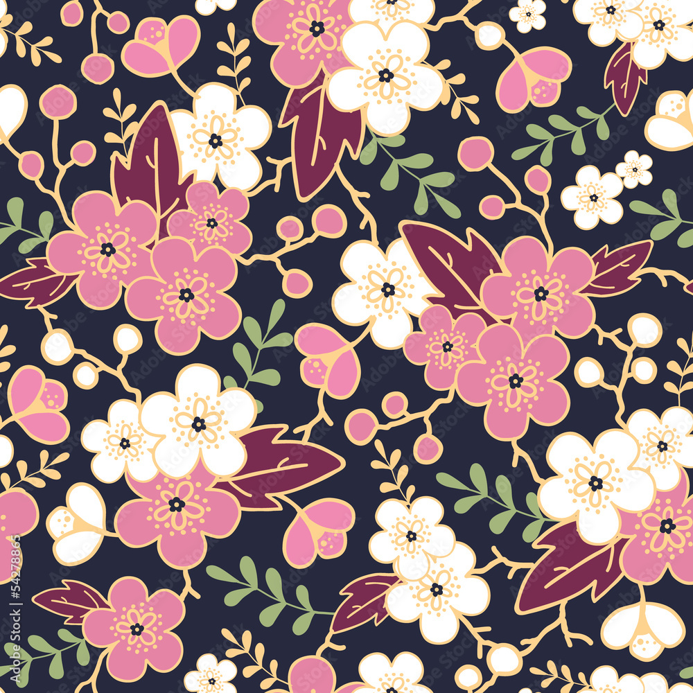 Vector night garden sakura blossoms seamless pattern background Stock ...