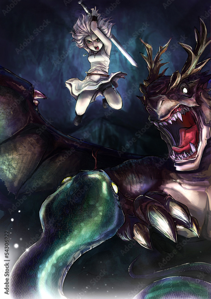 A warrior girl is fighting a giant serpent with her dragon Stock ...