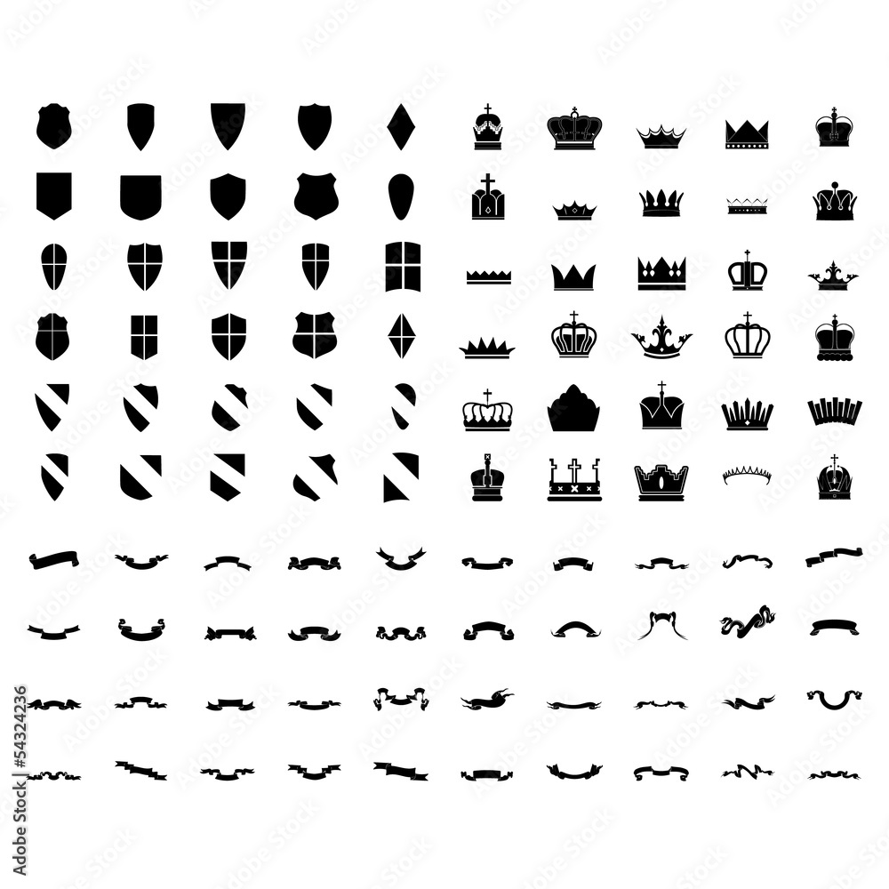 set of 100 Silhouettes of heraldic design elements.Medieval crow Stock ...