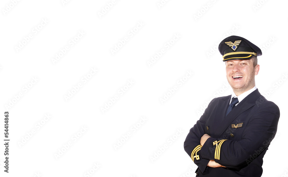 Airliner pilot in uniform on white background Stock Photo | Adobe Stock