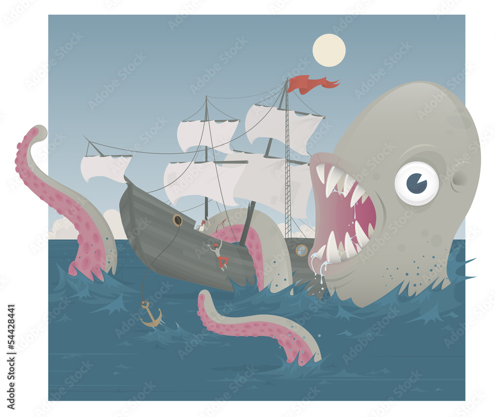 Sea Monster attacking a Pirate Ship Stock Vector | Adobe Stock