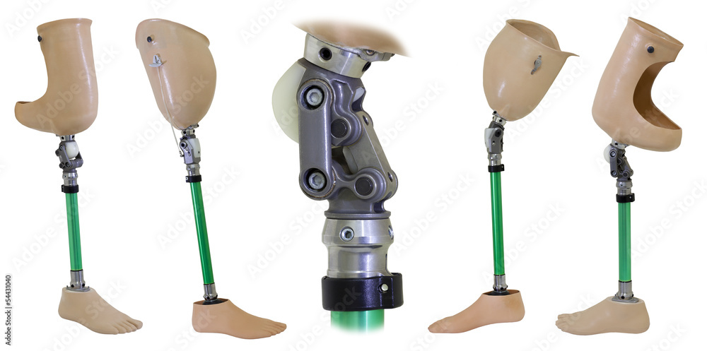 Four views of prosthetic legs and knee mechanism isolated on whi Stock ...