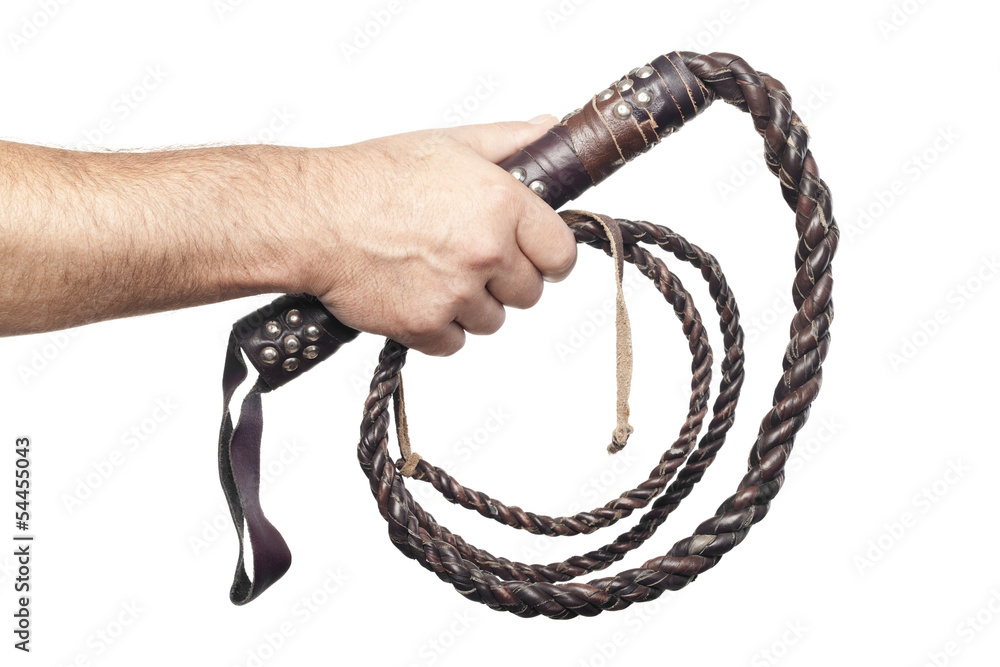 male hand holding brown leather whip isolated on white backgroun Stock ...