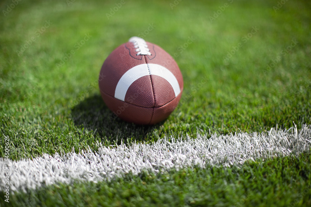 College football at yard line or goal with defocused background Stock ...