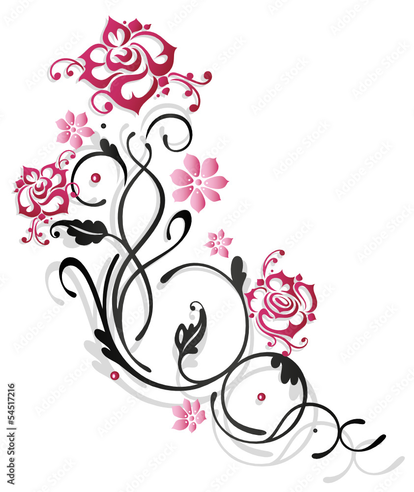 Zarte Ranke mit Rosen, Blumen und Blättern. Rosenranke, pink. Stock ...