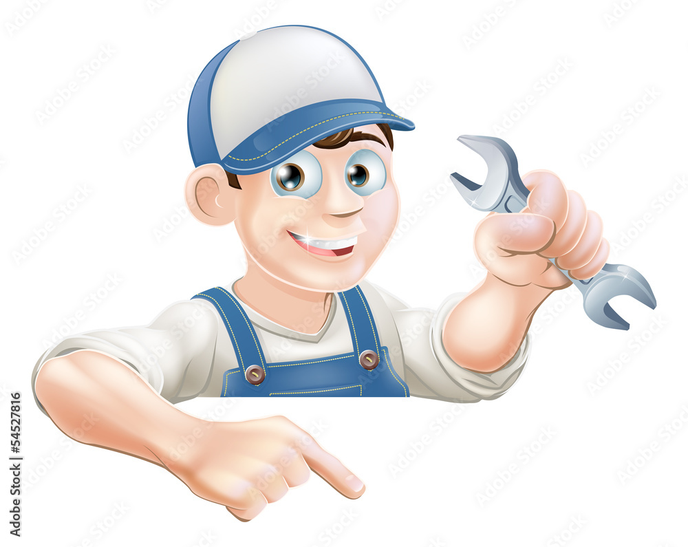 Cartoon mechanic peeking over sign Stock Vector | Adobe Stock