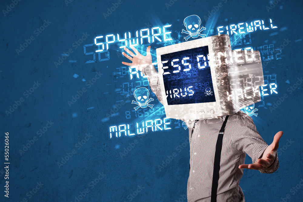 Monitor head person with hacker type of signs on the screen Stock Photo ...
