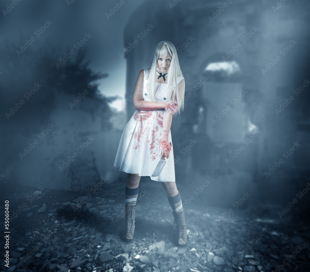 Sexy woman zombie stands in ruins Stock Photo | Adobe Stock
