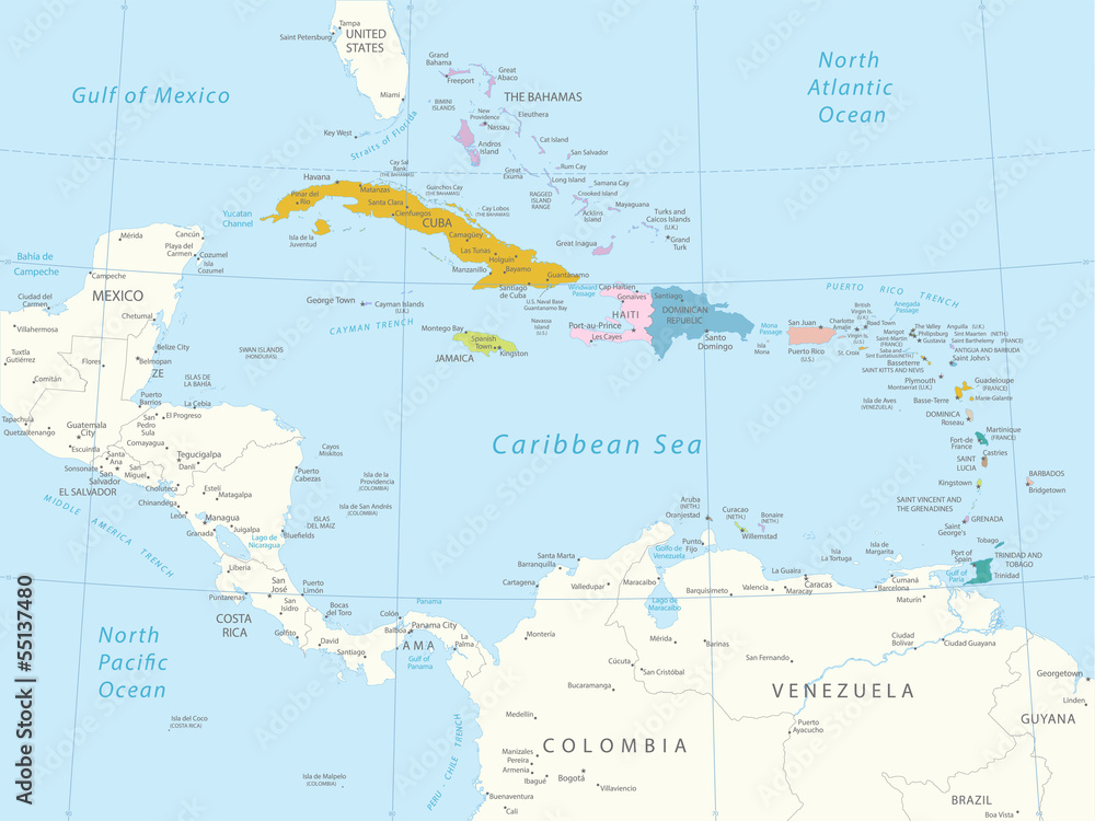 Labeled Map Of The Caribbean Geography Caraïbisch Gebied