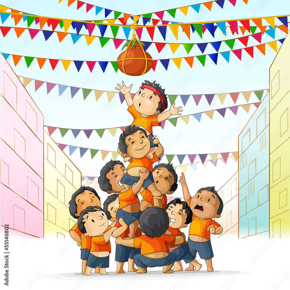 vector illustration of boys at playing dahi handi in Janmashtami Stock ...