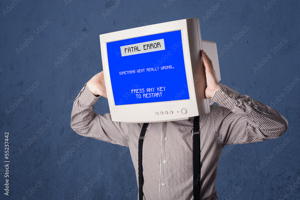 Person with a monitor head and fatal error blue screen on the di ...
